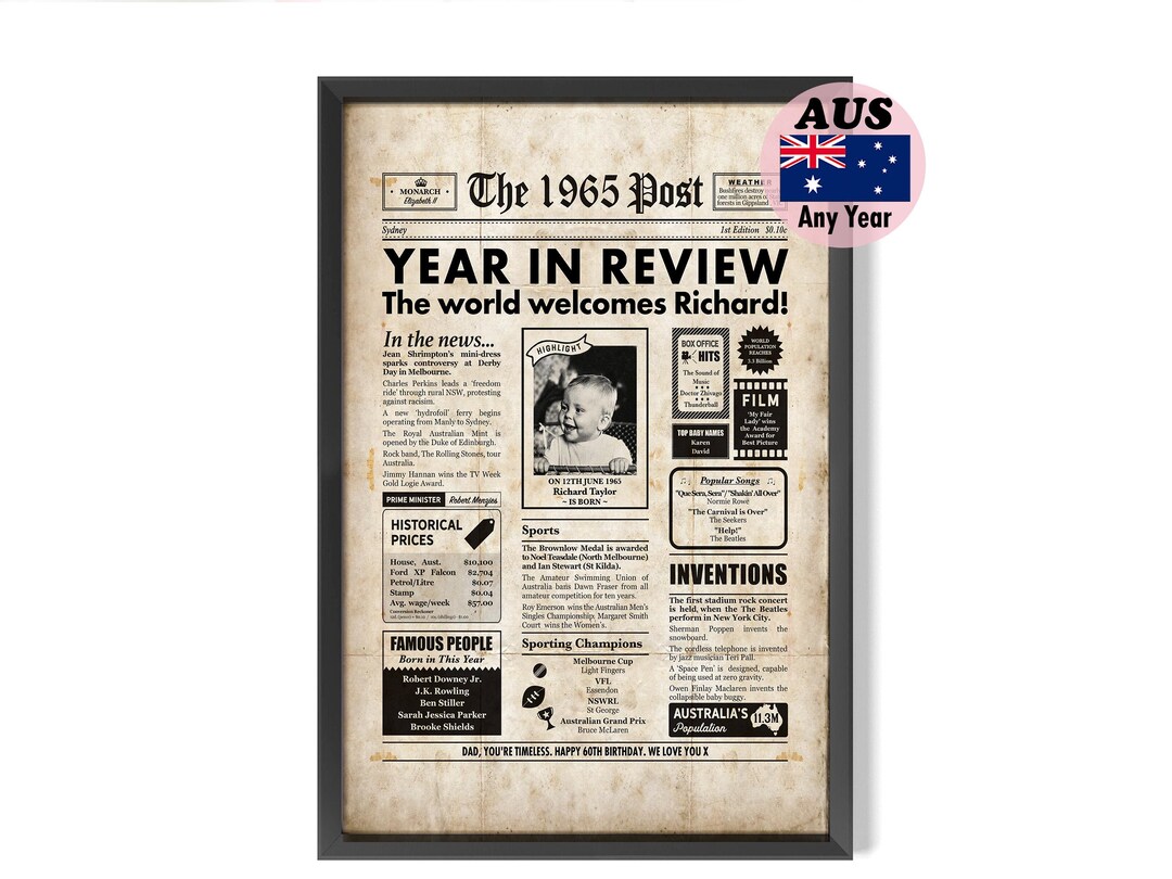 1965 60th Birthday Sign - Australian Newspaper Gift With Own Photo ...