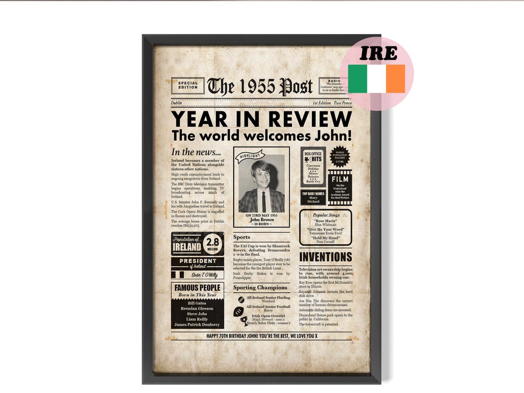 Irish 70th Birthday Gift, 1955 Newspaper About Ireland, Digital ...