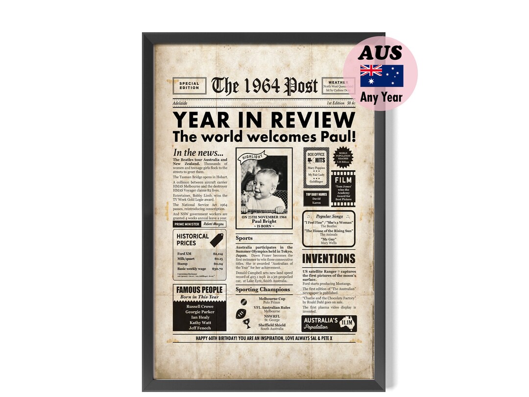 Australian 1964 60th Birthday Newspaper Gift for Man or Woman, Year You ...