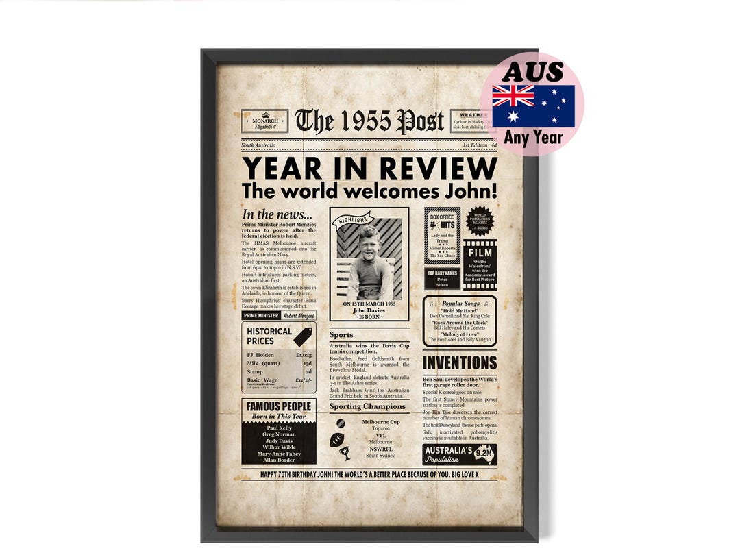 1955 70th Birthday Newspaper Gift - Digital & Framed Options - Genuine ...