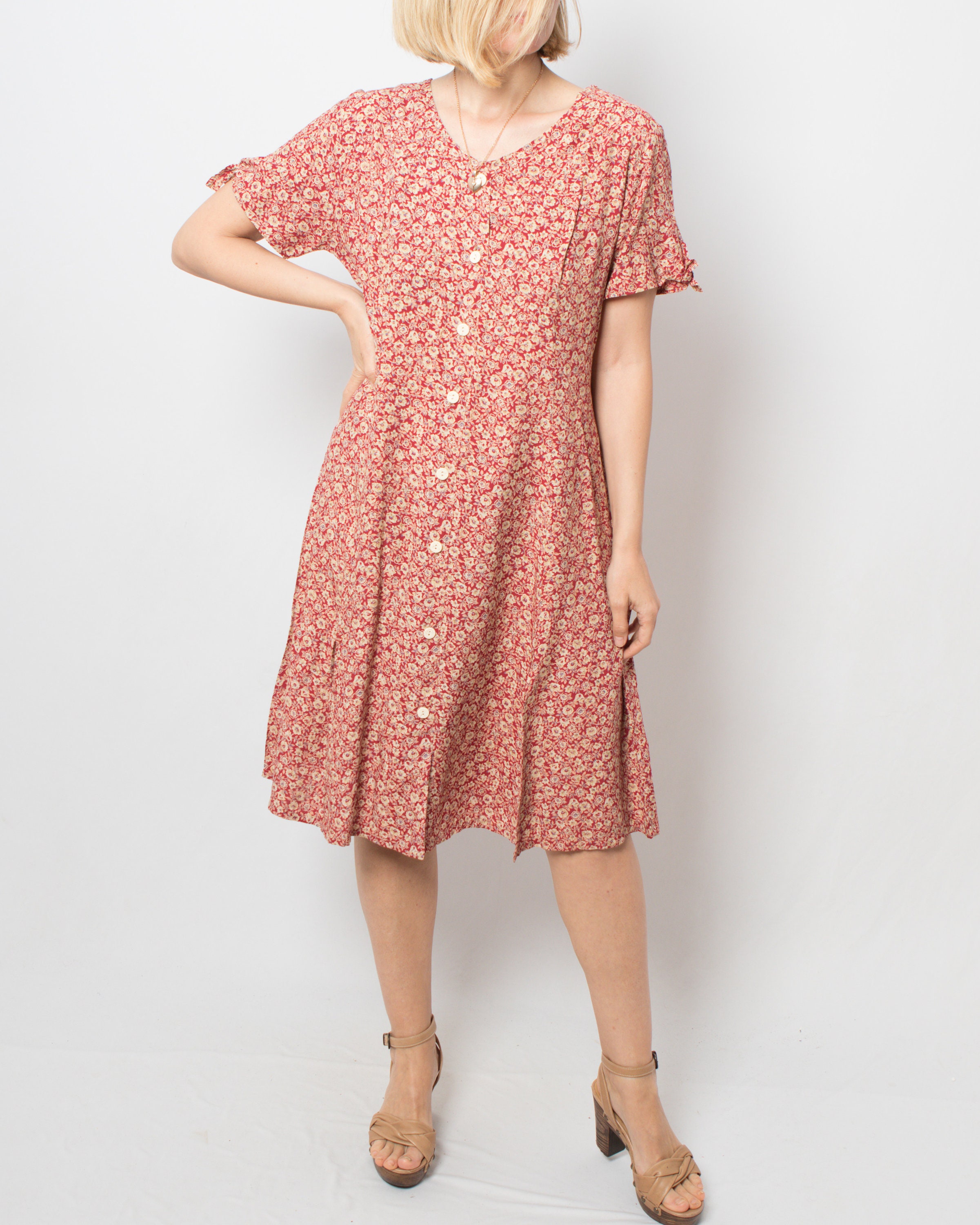 90s Grunge Dress Red Ditsy Floral Dress With Imitated Button Front ...