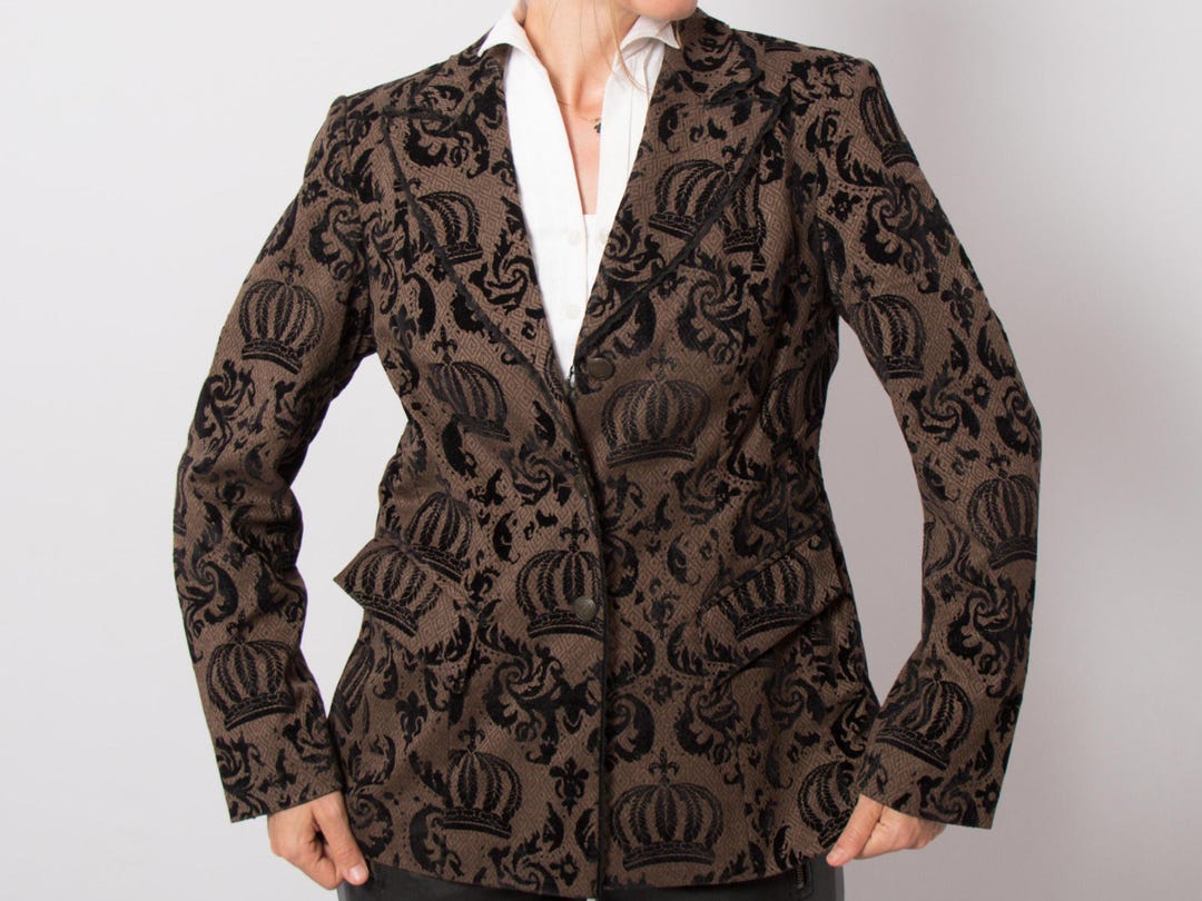 RARE Pompoos Jacquard Velvet Blazer Baroque Crown Print Luxe Tailored ...