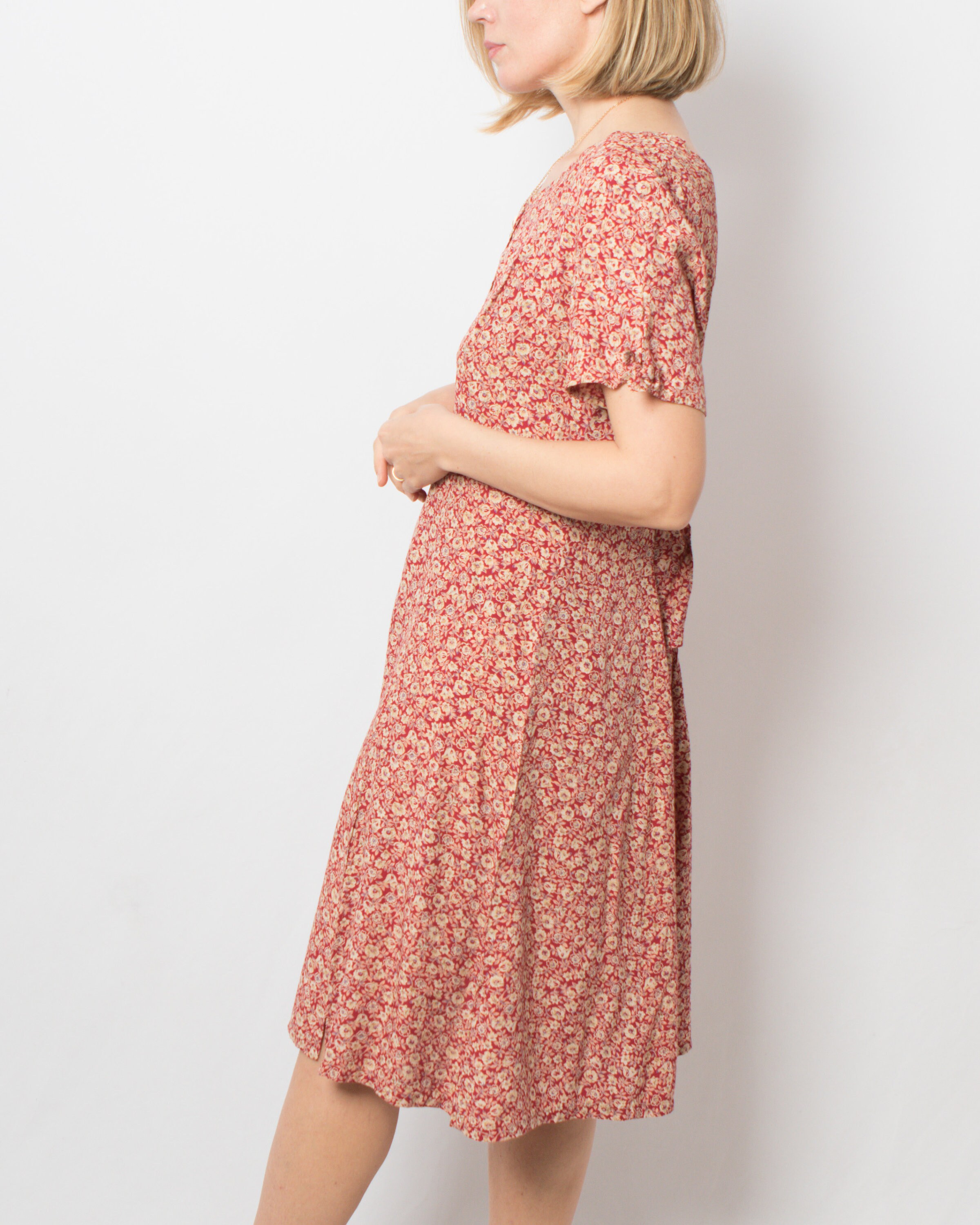 90s Grunge Dress Red Ditsy Floral Dress With Imitated Button Front ...