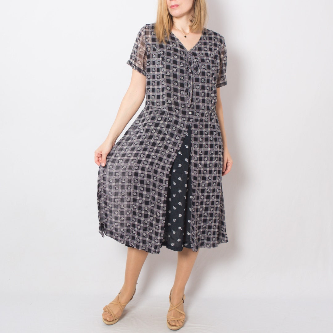 90s Grunge Dress Shirtwaist Dress Women Midi Dress Floral Two Layer ...
