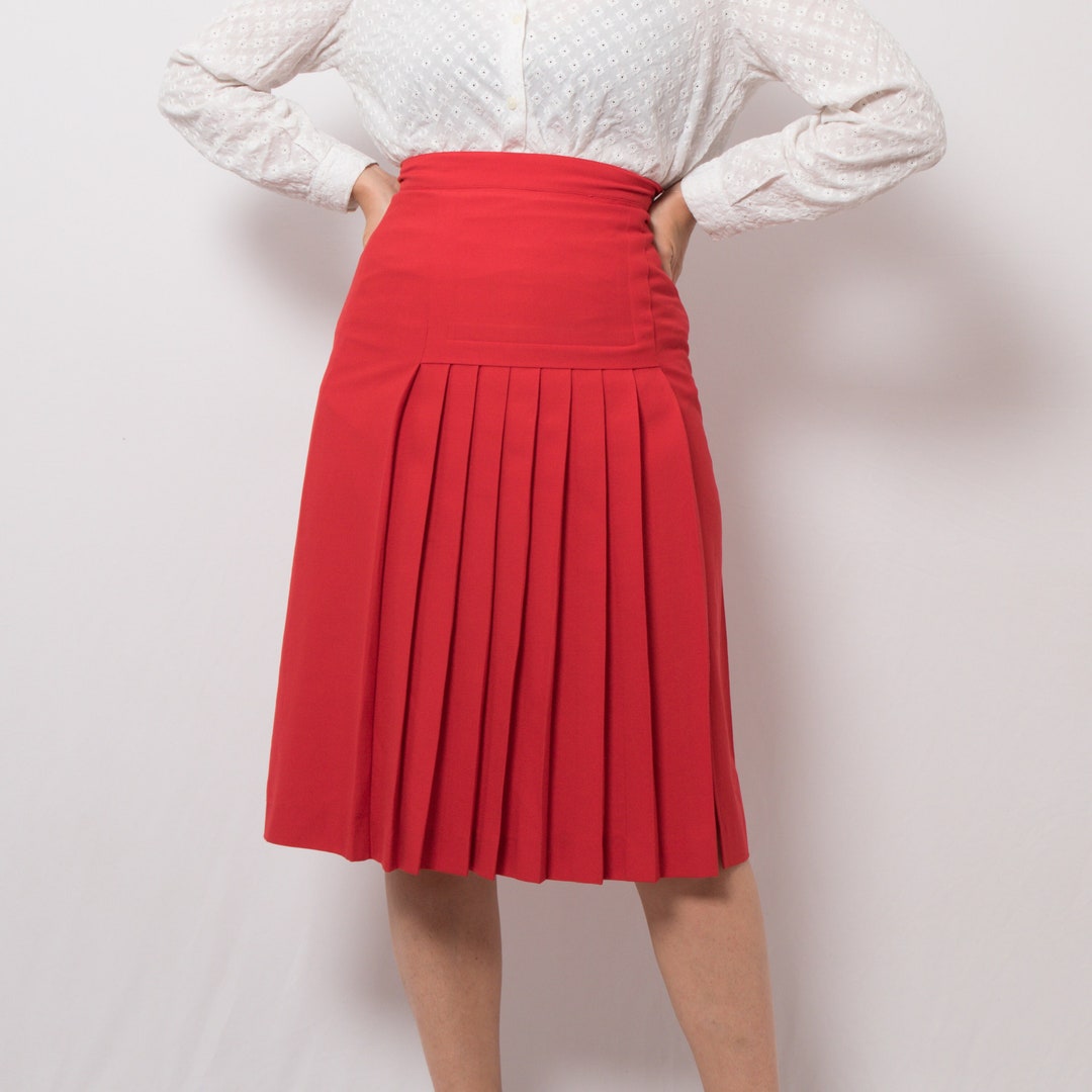 Vintage Red Pleated Skirt Knife Pleat Skirt Wool Pleated Skirt Small ...