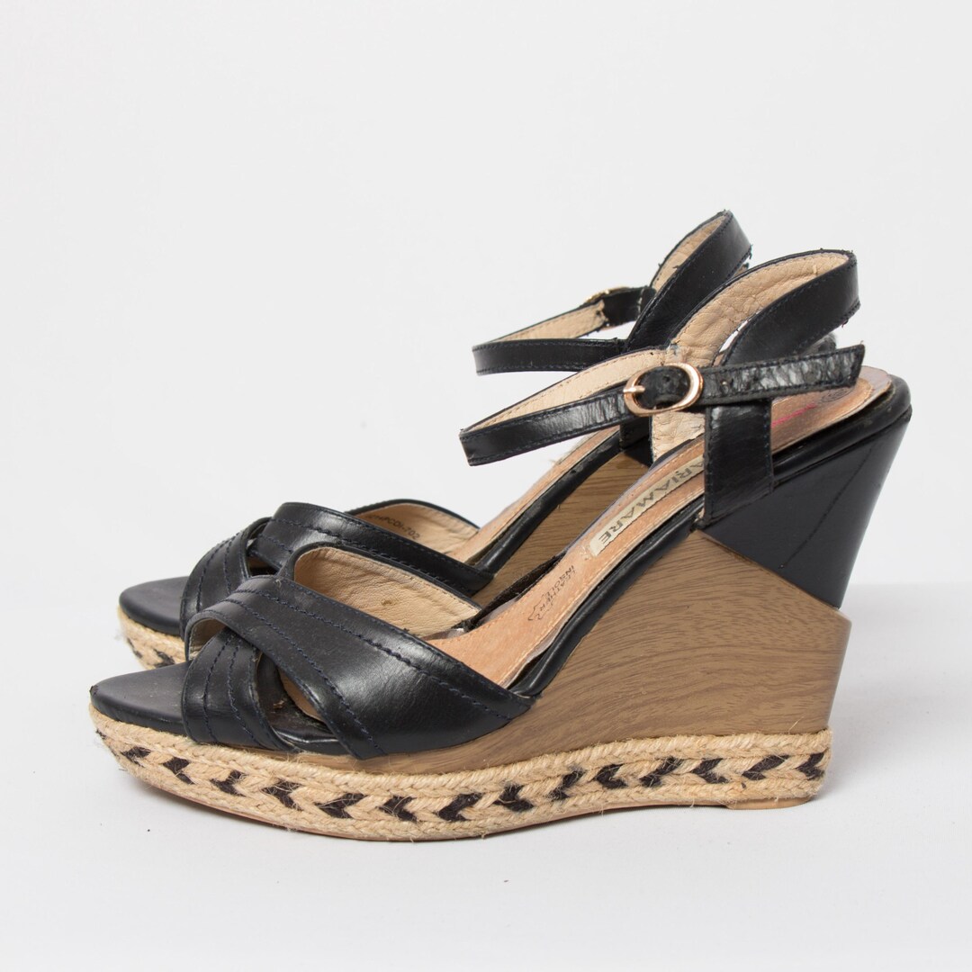 Vintage Maria Mare Black Leather Wedge Sandals With Ankle Strap Boho ...