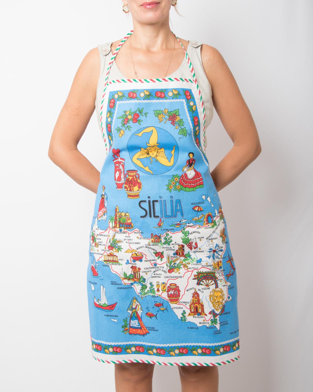 Vintage Cotton Full Kitchen Apron Italia Sicilia Print Souvenir Full ...