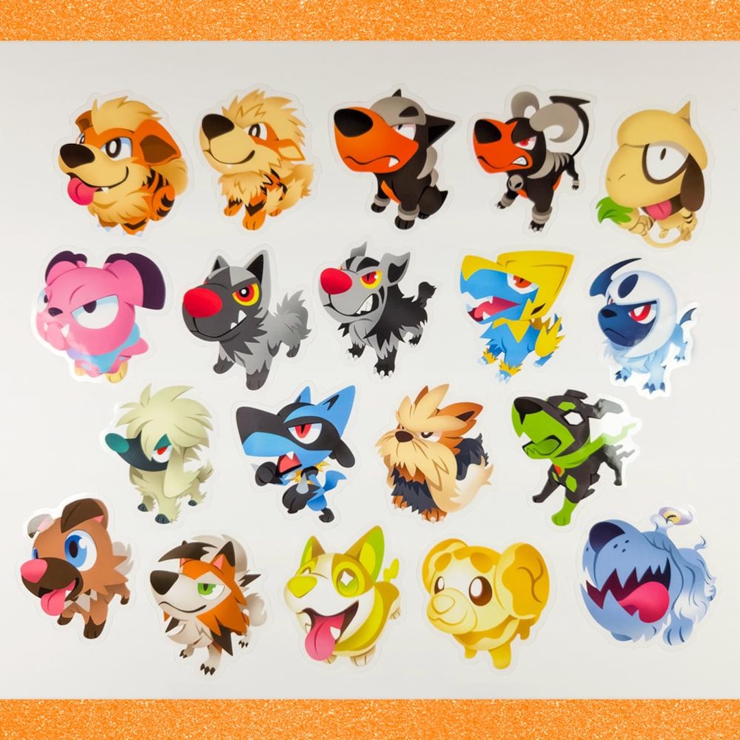 Dog PKMN Stickers // Arcanine, Lycanroc, Houndoom, Lucario, Fidough ...