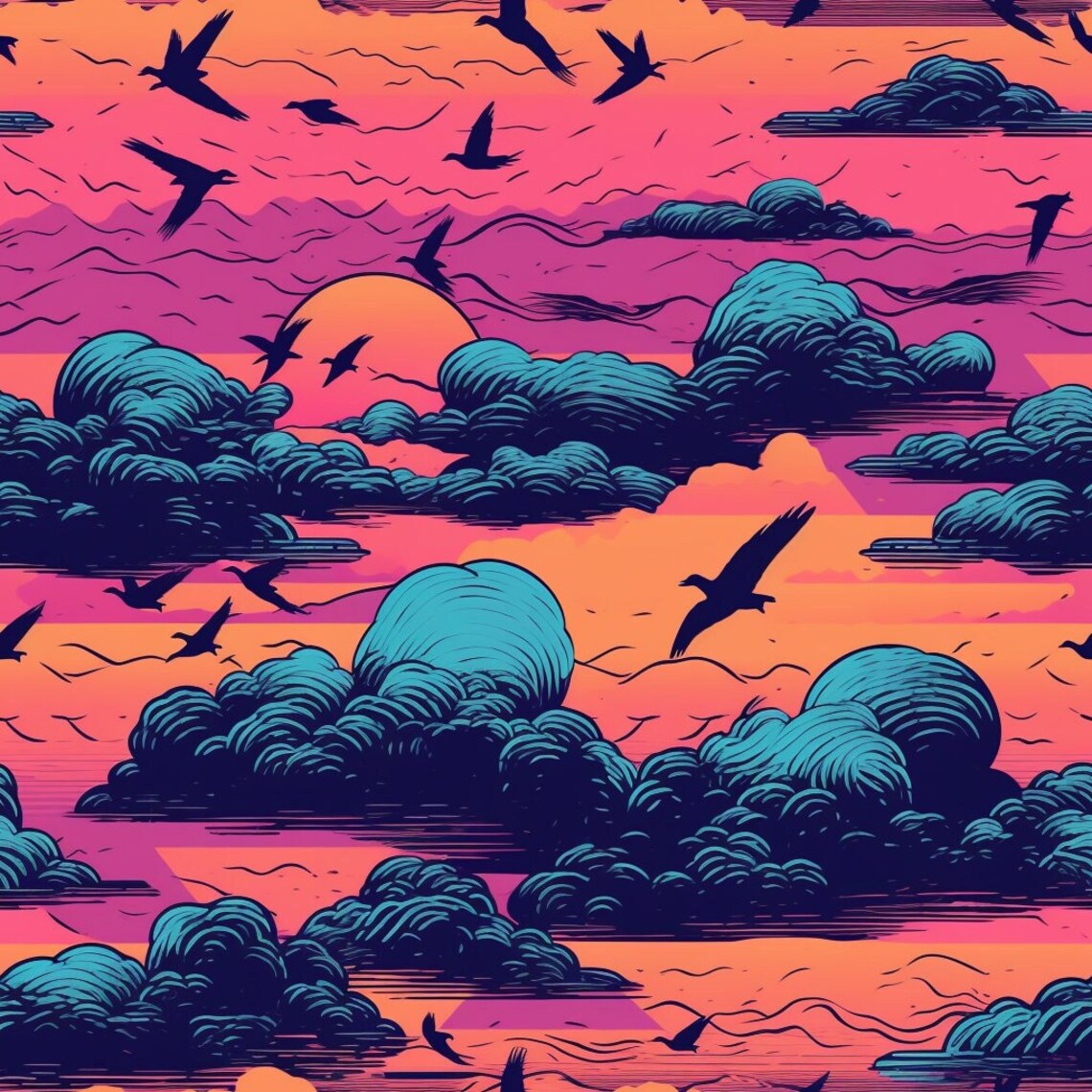 2 Vaporwave Sunset With Birds- 2 Different Seamless Downloads - Etsy