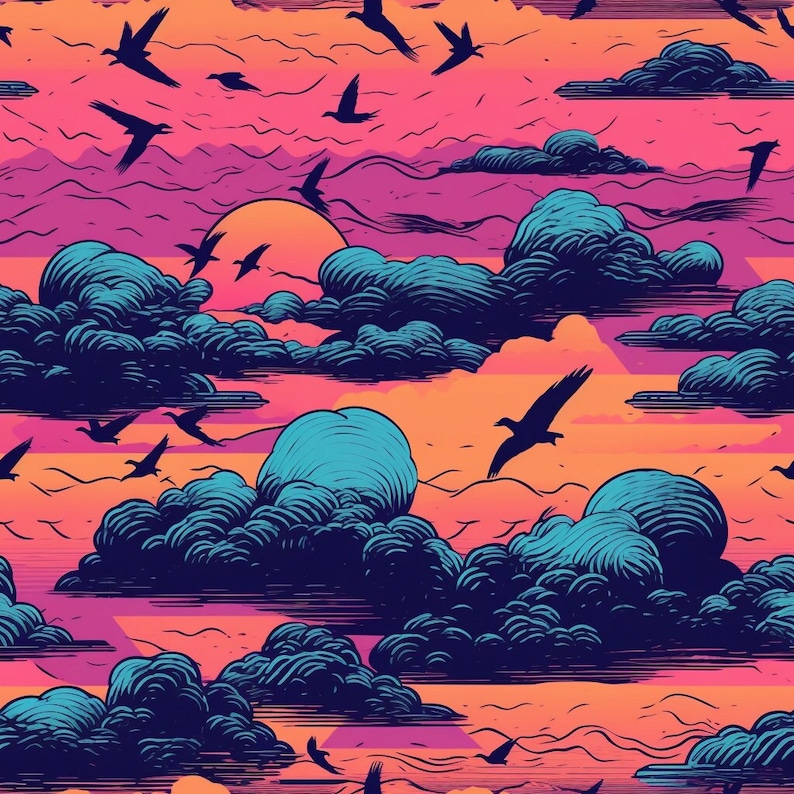 2 Vaporwave Sunset With Birds- 2 Different Seamless Downloads - Etsy