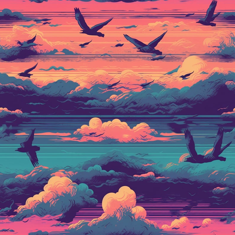 2 Vaporwave Sunset With Birds- 2 Different Seamless Downloads - Etsy