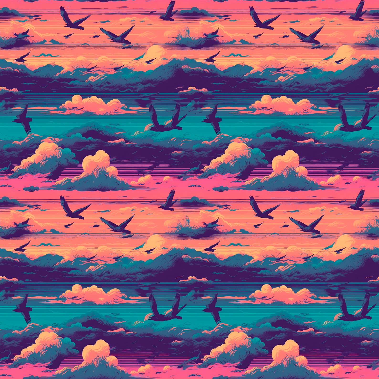 2 Vaporwave Sunset With Birds- 2 Different Seamless Downloads - Etsy