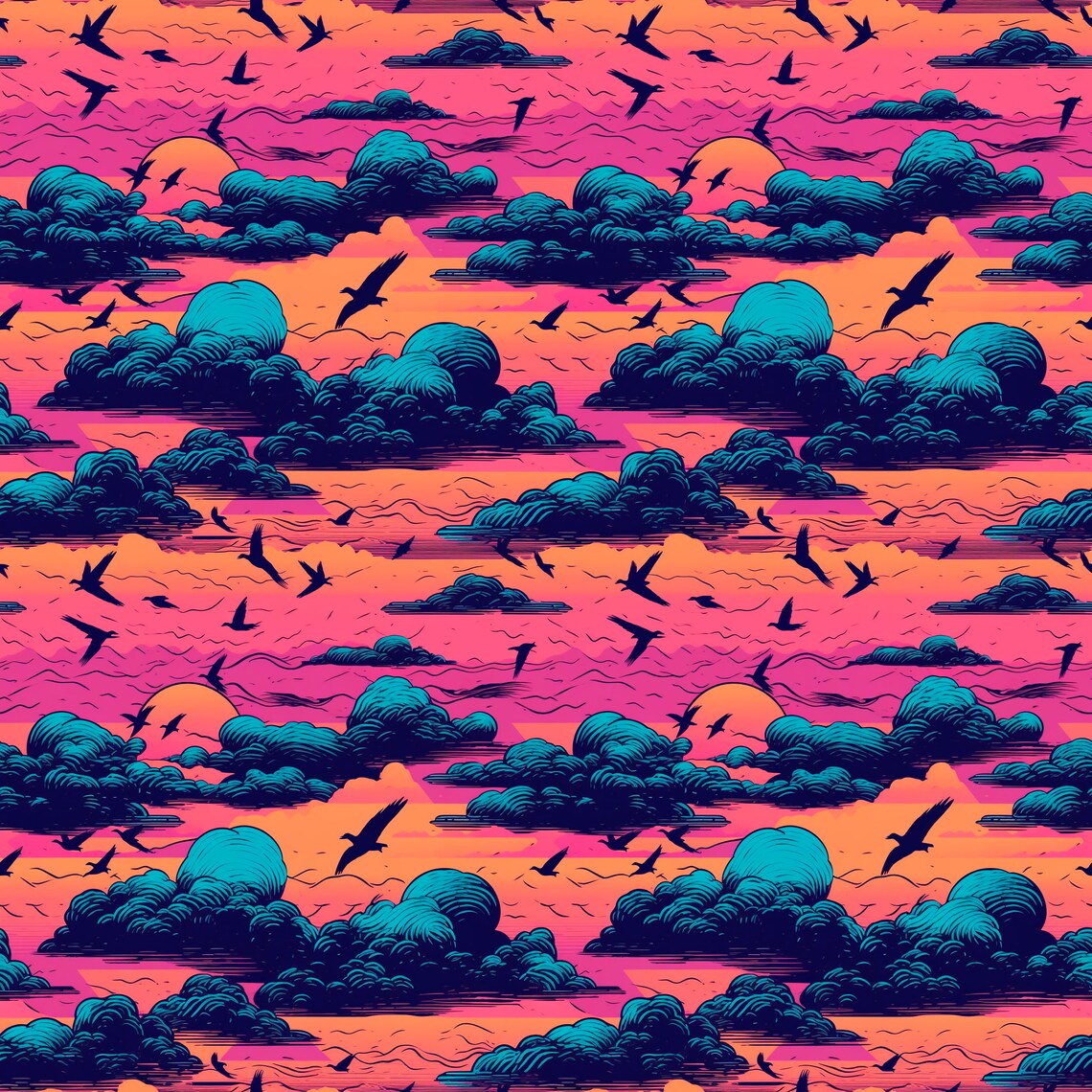 2 Vaporwave Sunset With Birds- 2 Different Seamless Downloads - Etsy