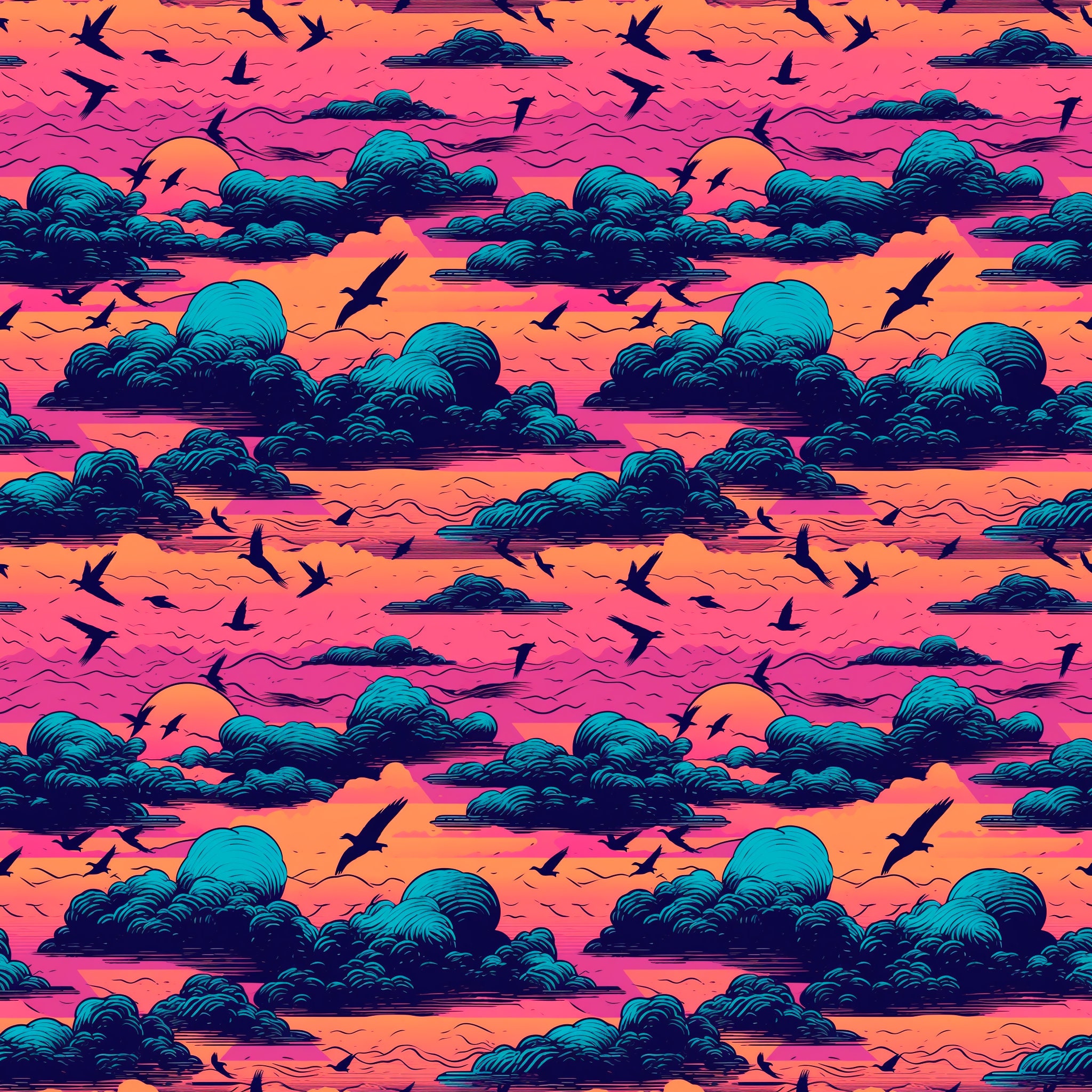 2 Vaporwave Sunset With Birds- 2 Different Seamless Downloads - Etsy