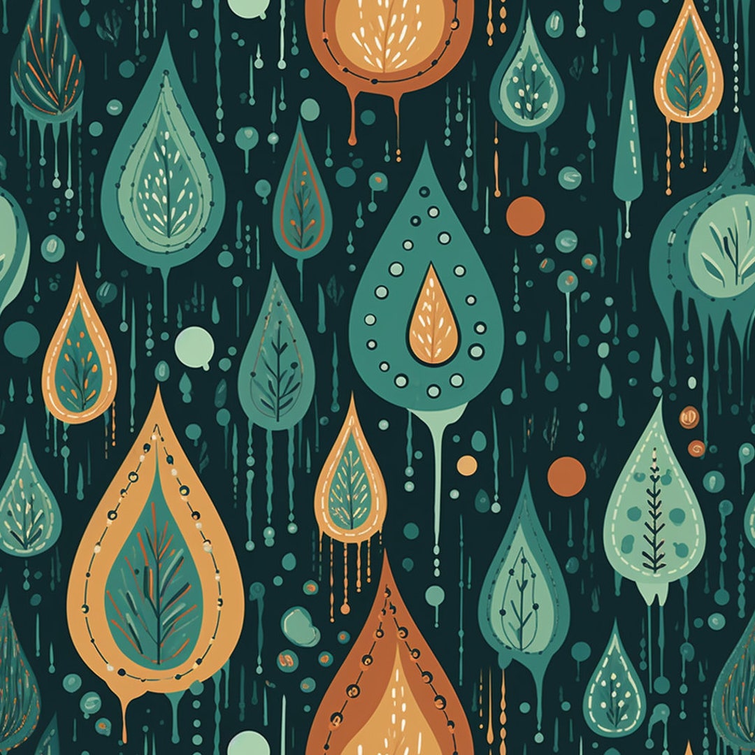 Drippy Raindrops With Botanical Shapes Seamless Pattern Download - Etsy