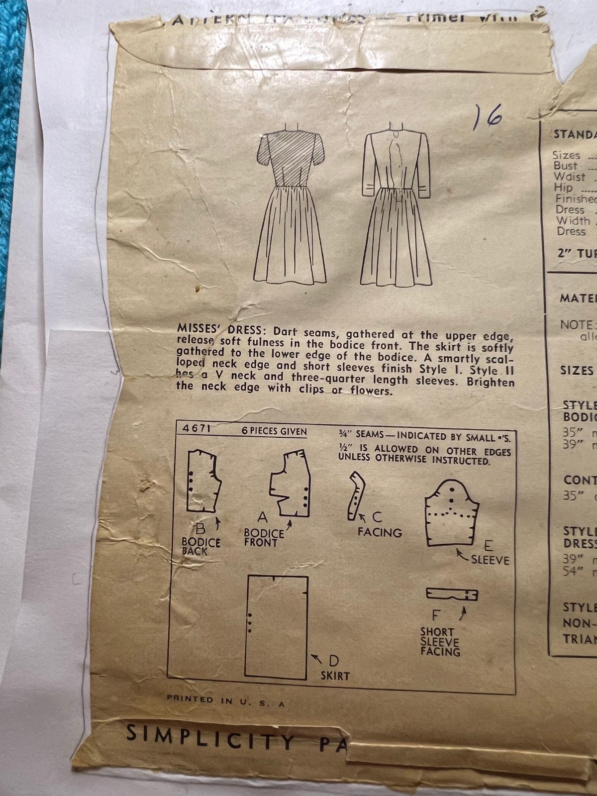 Simplicity 4671 Pattern Dress Fit and Flare 1940s Size 16 - Etsy