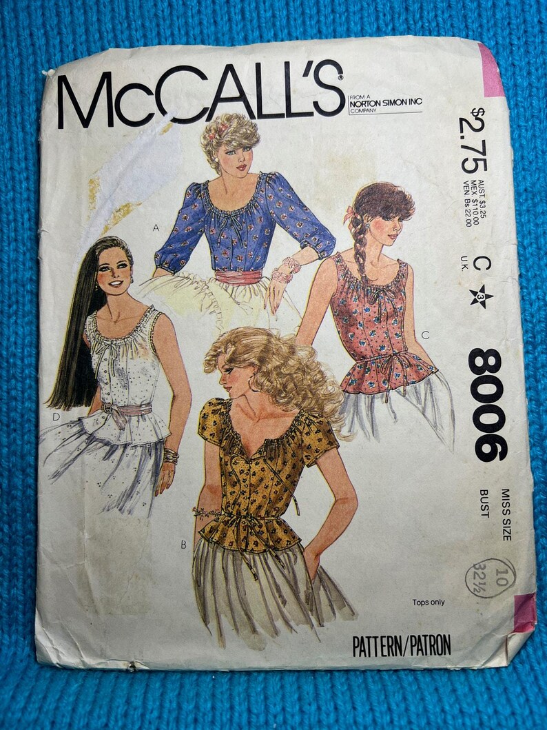 Mccalls 8006 Sewing Pattern Peasant Blouse 1970s Size 10 - Etsy
