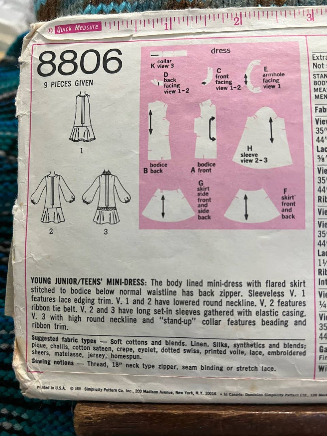 Simplicity 8806 Mini Dress Bishop Sleeve Drop Waist Pattern 1960s - Etsy