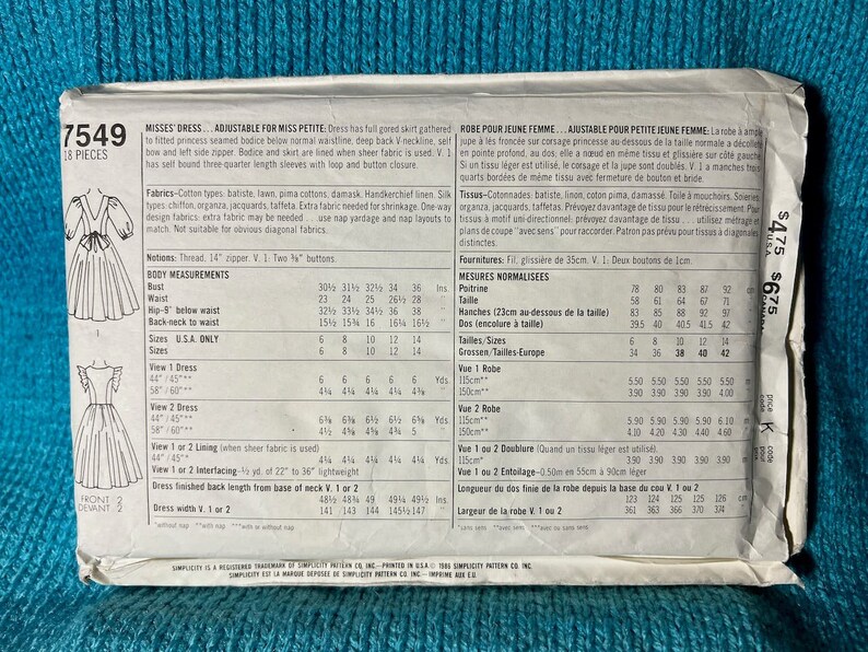 Simplicity Pattern 7549 Dress Maxi Fit and Flare Formal 1980s Size 6 8 ...