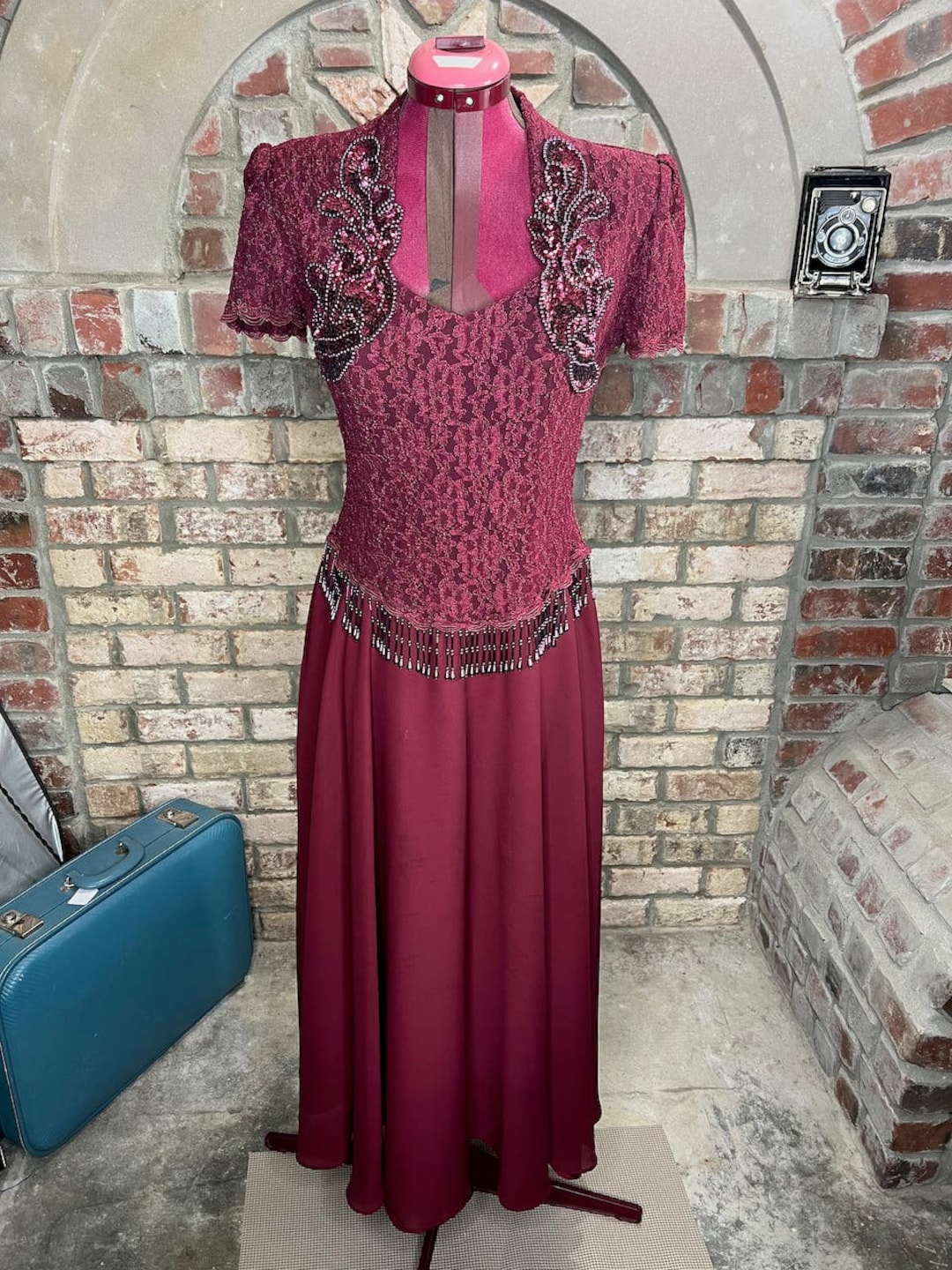 Formal Dress Prom Maroon Wine Red Lace Beaded Fringe - Etsy