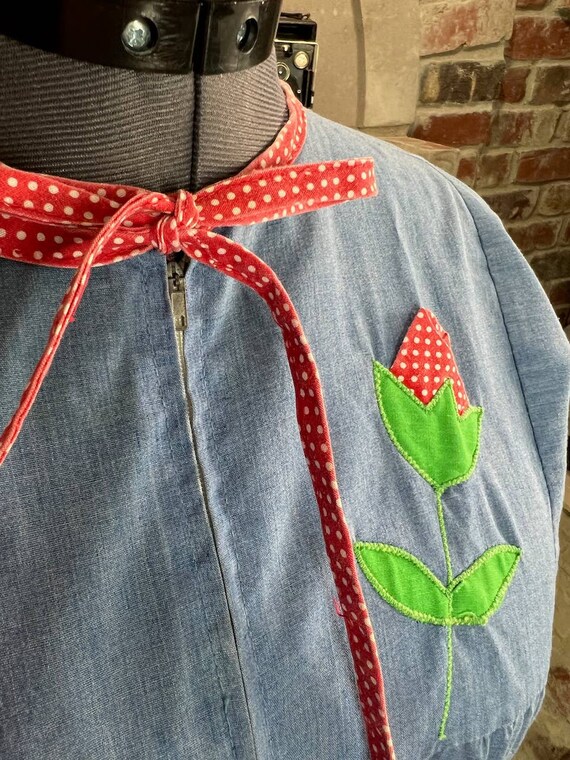 house dress duster Applique flower zip front blue red… - Gem