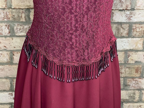 formal dress prom maroon wine red lace beaded fringe - Gem