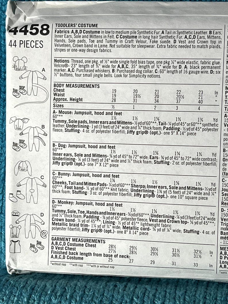 Simplicity 4458 Sewing Pattern Toddler Mouse Bunny Monkey Dog Size 1/2 ...