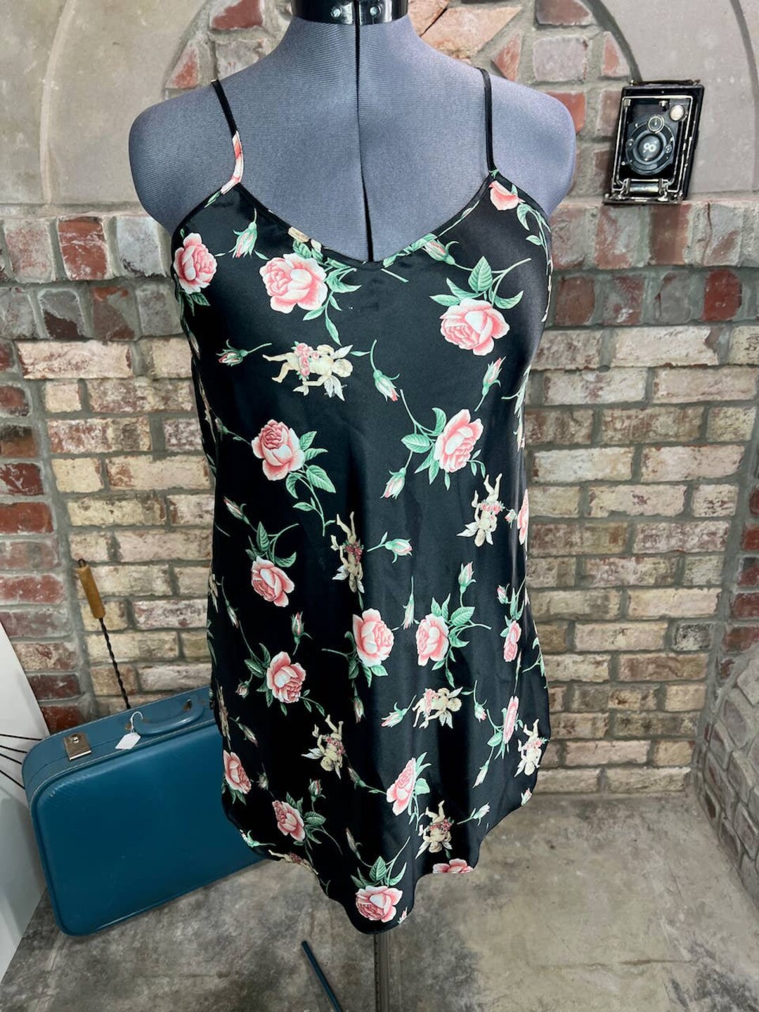 Negligee Nightgown Satin Floral Roses Cupid Black Pink Green - Etsy