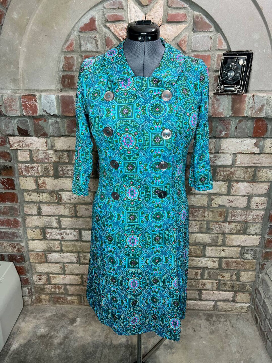 Shelton Stroller Dress Fit and Flare 1950s Geometric Aqua Green Double ...