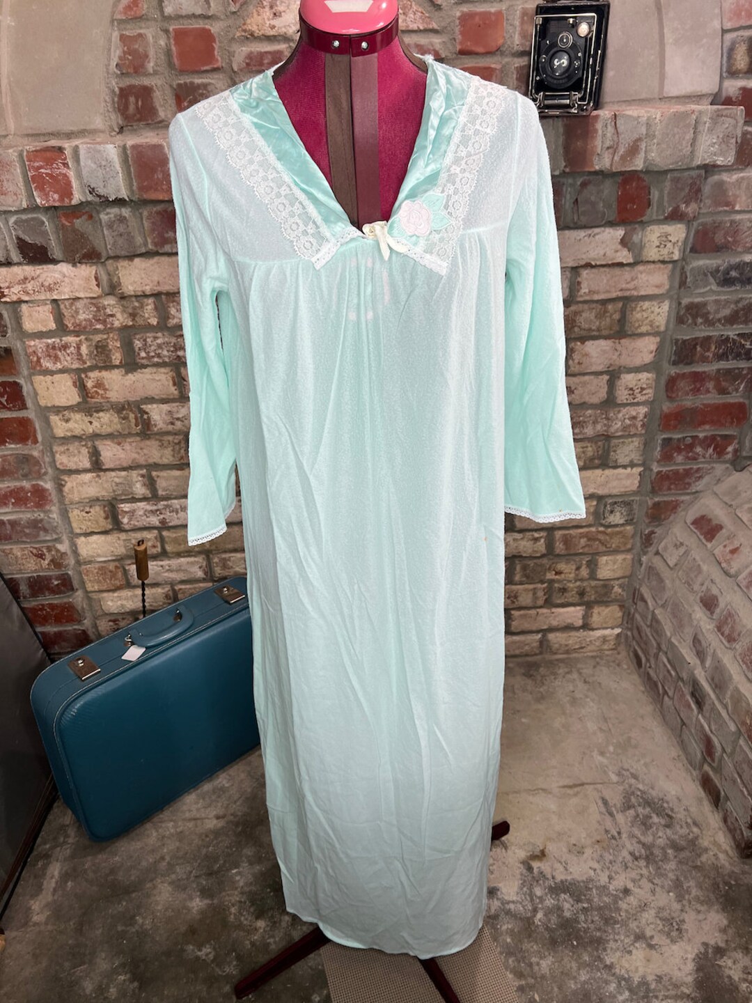 Nightgown Brushed Fuzzy Satin Collar Green Seafoam - Etsy