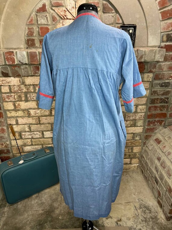 house dress duster Applique flower zip front blue red… - Gem