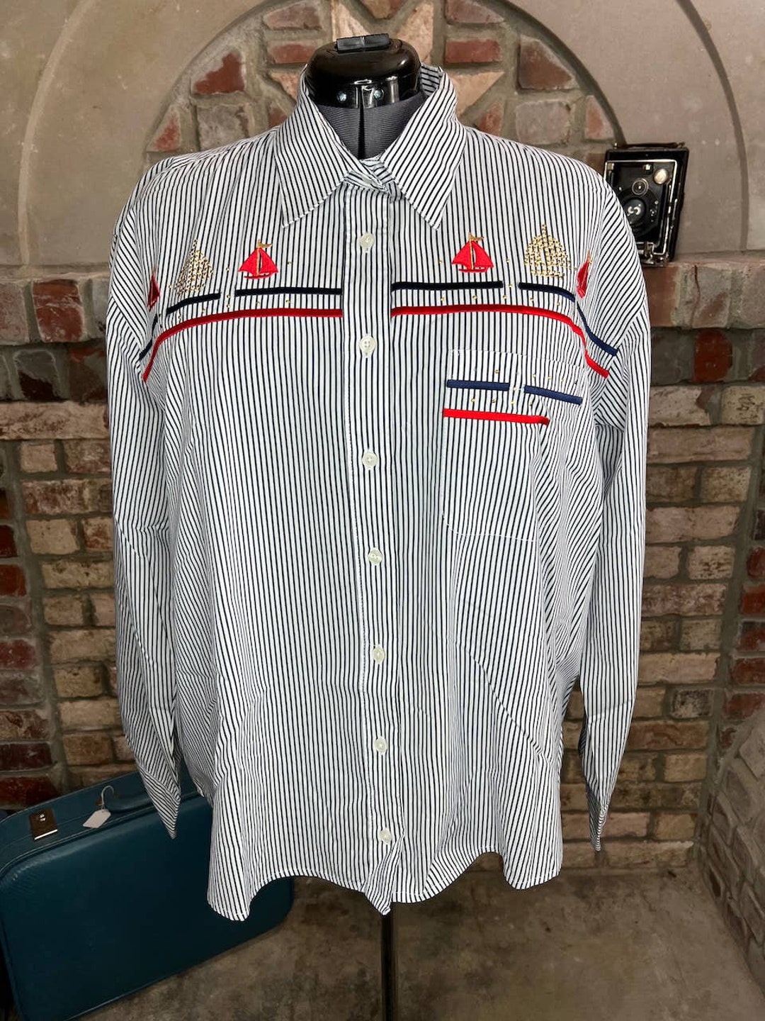 Button Down Shirt Nautical Sailboats Stripe Red White Blue - Etsy