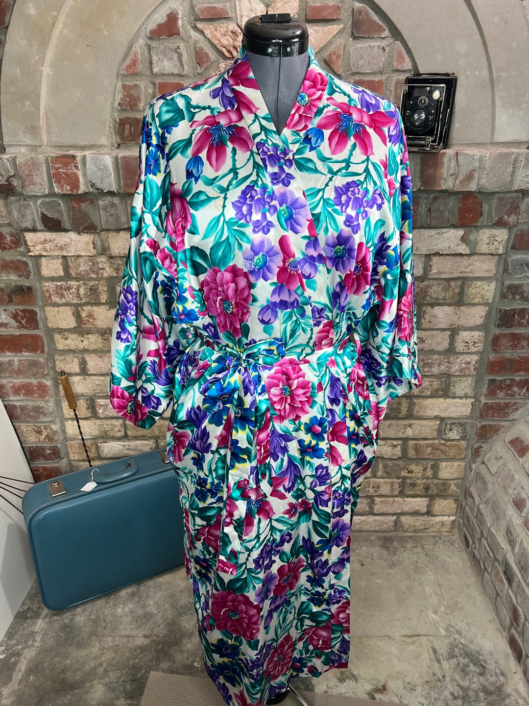 Adonna Robe Satin Floral Purple Teal Pink - Etsy