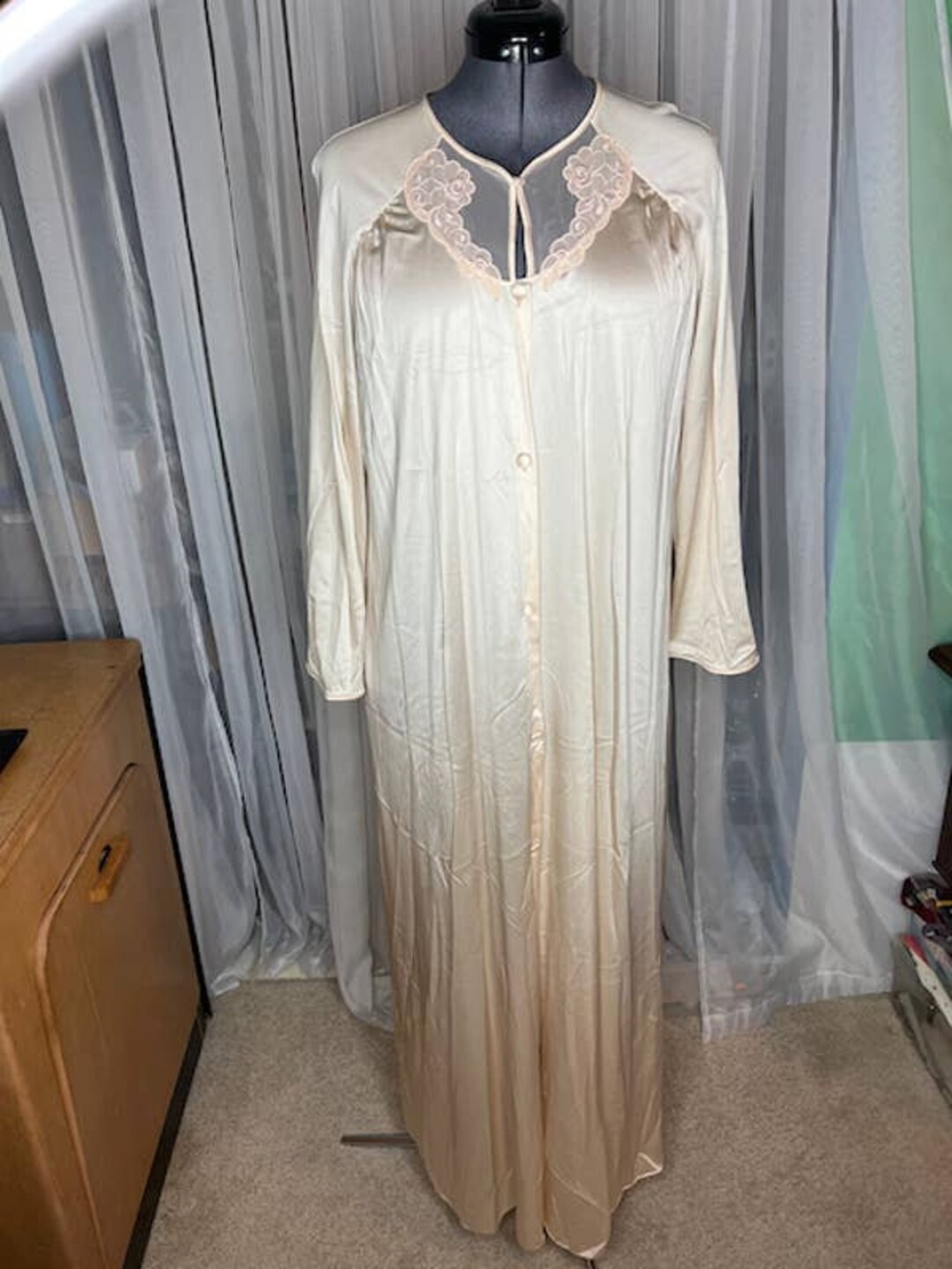 Vanity Fair Robe Satin Lace Collar Button Front Cream - Etsy