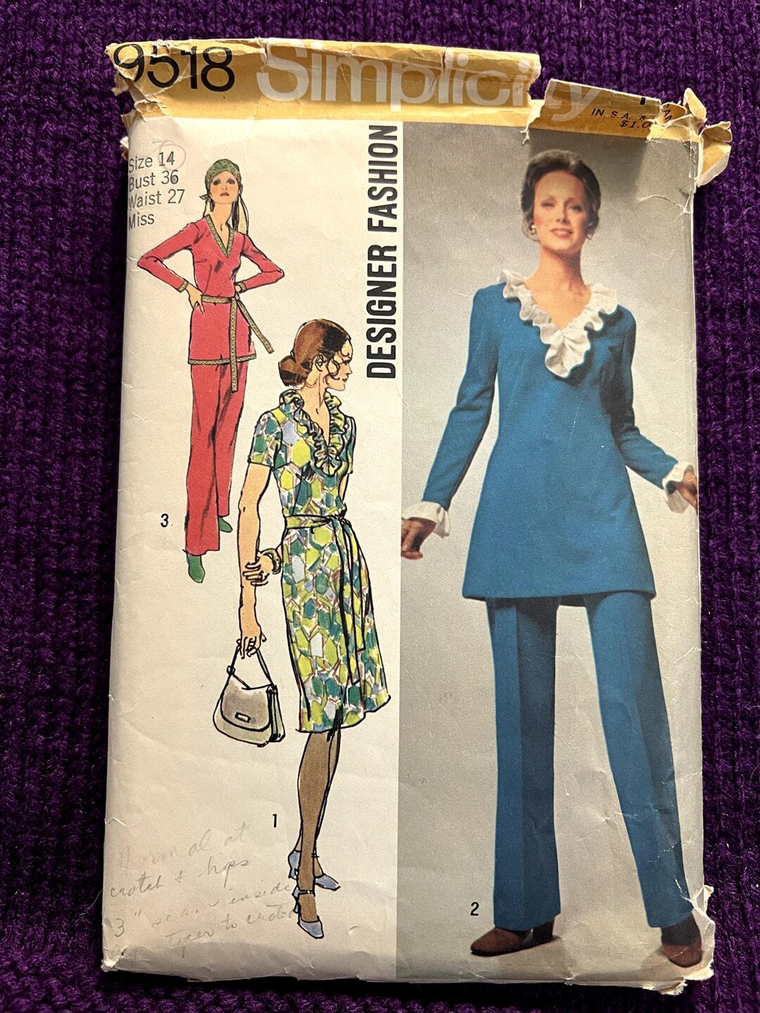 Simplicity 9518 Dress Top Pants Pattern 1970s Size 14 - Etsy