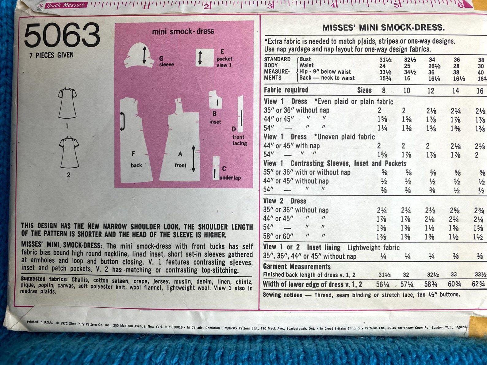 Simplicity 5063 Sewing Pattern Smocked Mini Dress 1970s Size 10 - Etsy