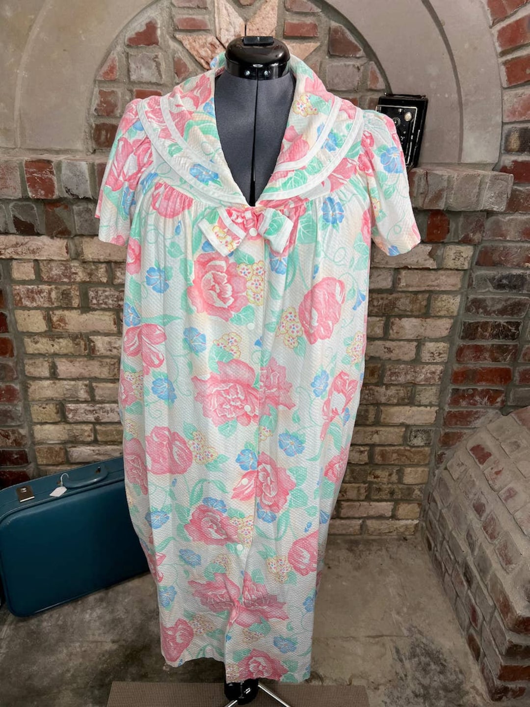 Floral House Dress Frolicking Cotton Snap Front Blue Pink Green - Etsy