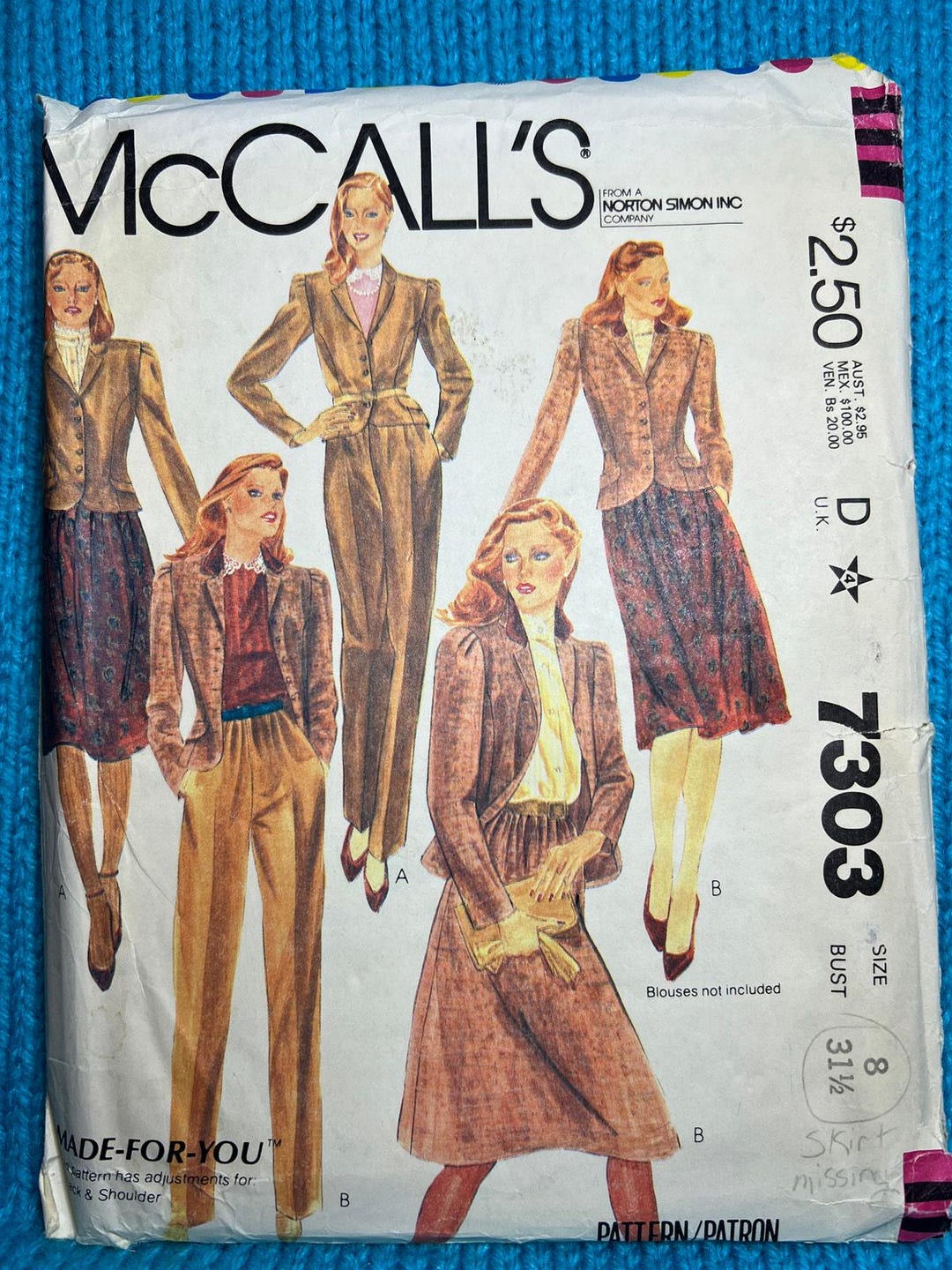 Mccalls 7303 Sewing Pattern Suit Blazer Pant 1980s Size 8 - Etsy