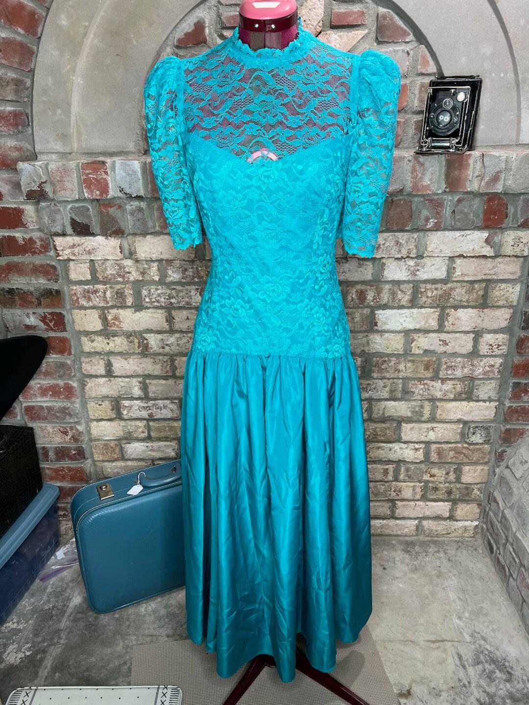 Formal 1980s Dress Prom Drop Waist Teal Short Sleeves Lace - Etsy