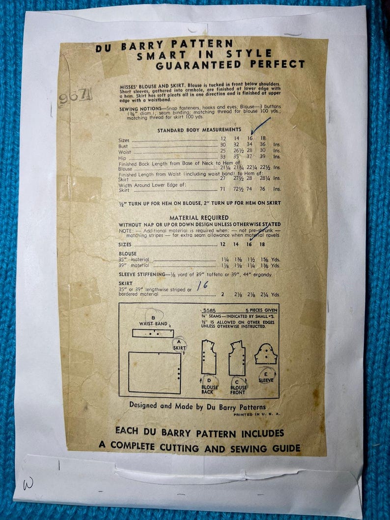 Du Barry Pattern 5585 Blouse Square Neck A Line Skirt 1940s Size 16 - Etsy