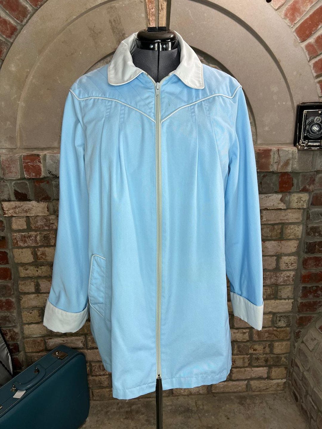 Jacket 1980s Hood Blue Cream - Etsy