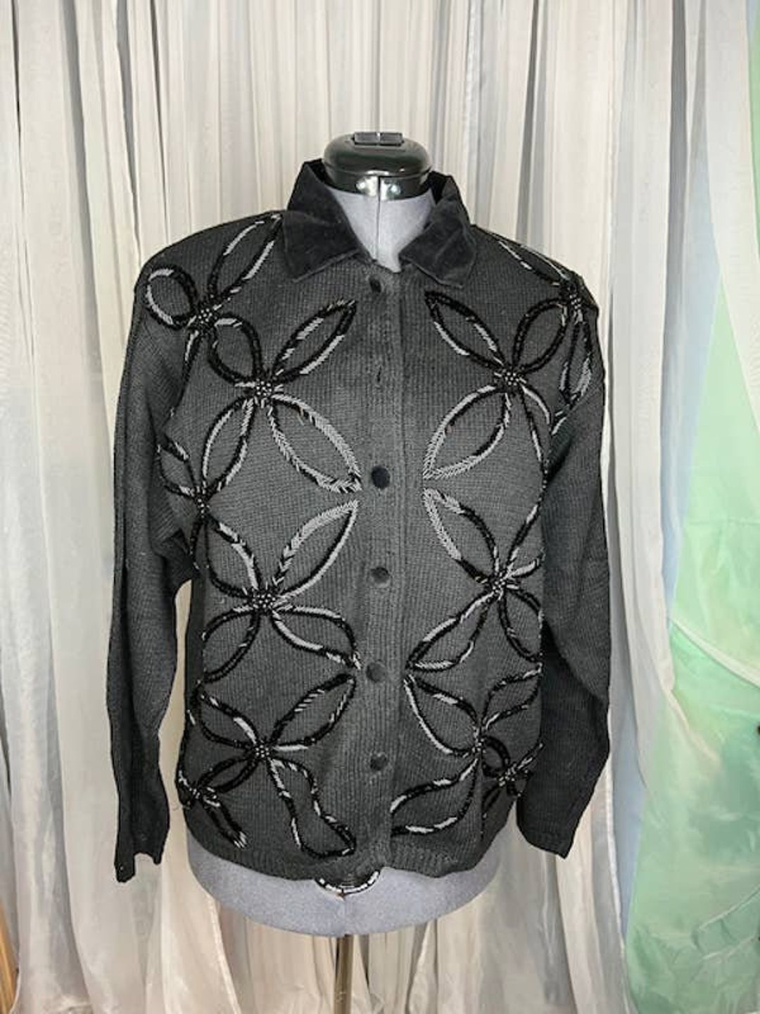 Beaded Cardigan Sweater Velvet Collar - Etsy