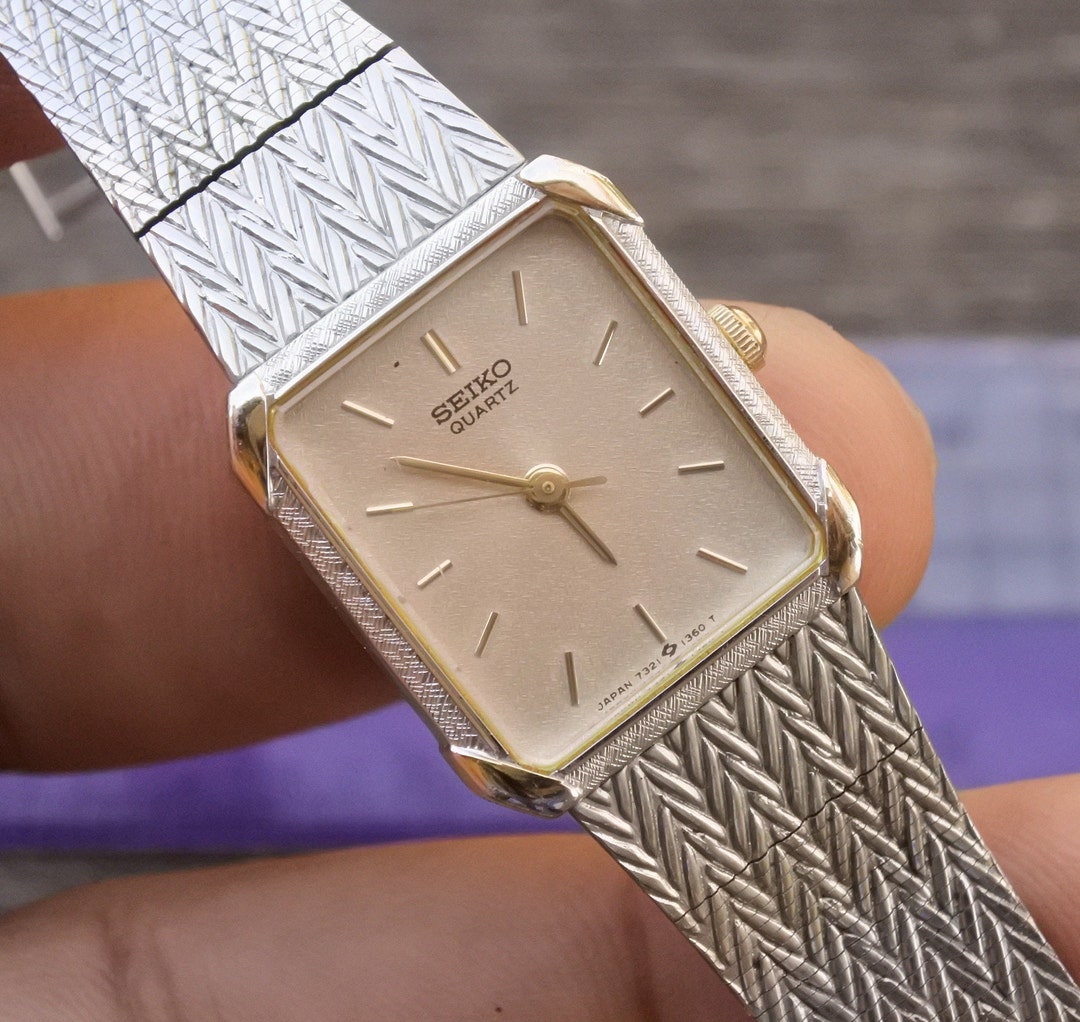 Vintage Seiko Gold Plated 7321 5810 Silver Dial Lady Quartz Watch Japan Square Tank Shape 19mm ...