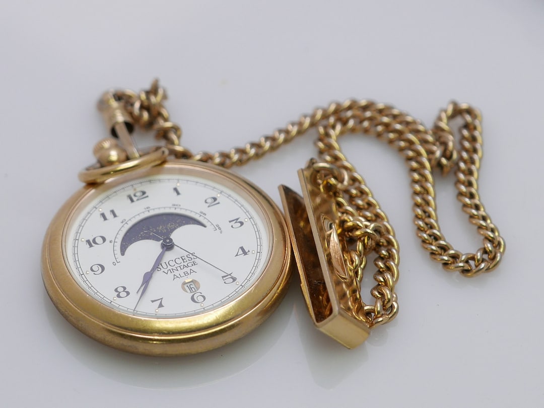 Vintage Pocket Watch Alba Success Sun Moon V338 0010 With Chain Quartz ...