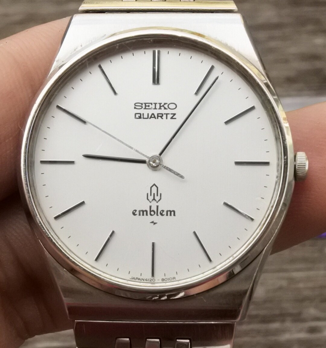 Vintage Seiko Emblem 4120 8020 White Dial Men Quartz Watch Japan Round ...