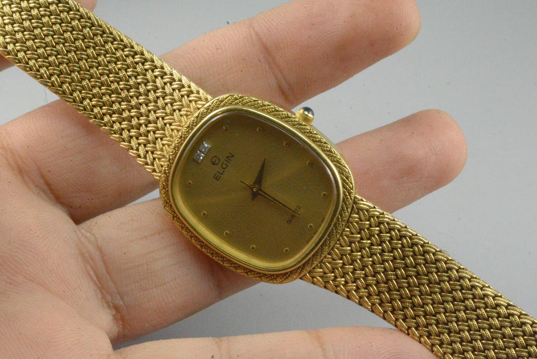 Vintage Elgin SWISS MADE Yellow Textured Dial Lady Quartz Watch Japan ...