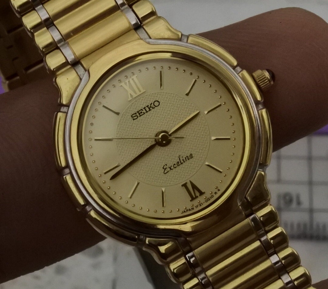 Vintage Seiko Exceline 1F21 OE10 Yellow Dial Lady Quartz Watch Japan ...