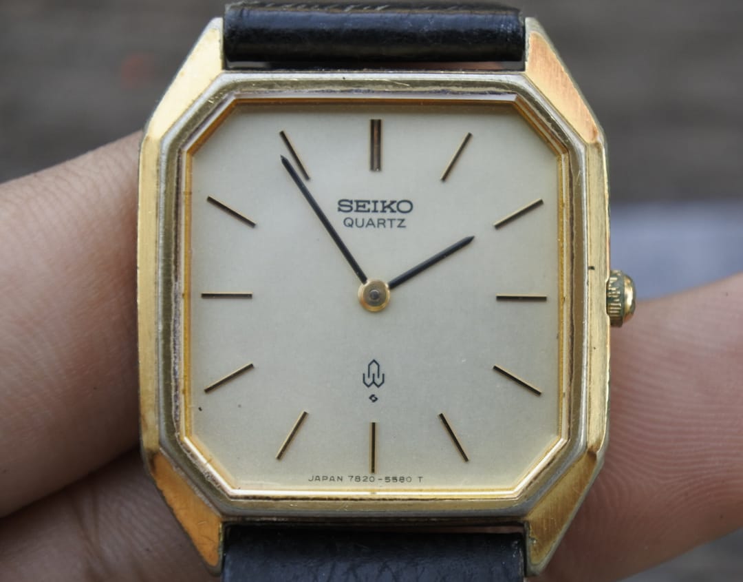 Vintage Seiko Gold Plated 7820 5440 Dress Watch Men Quartz Wristwatch Japan Octagonal Shape 30mm ...