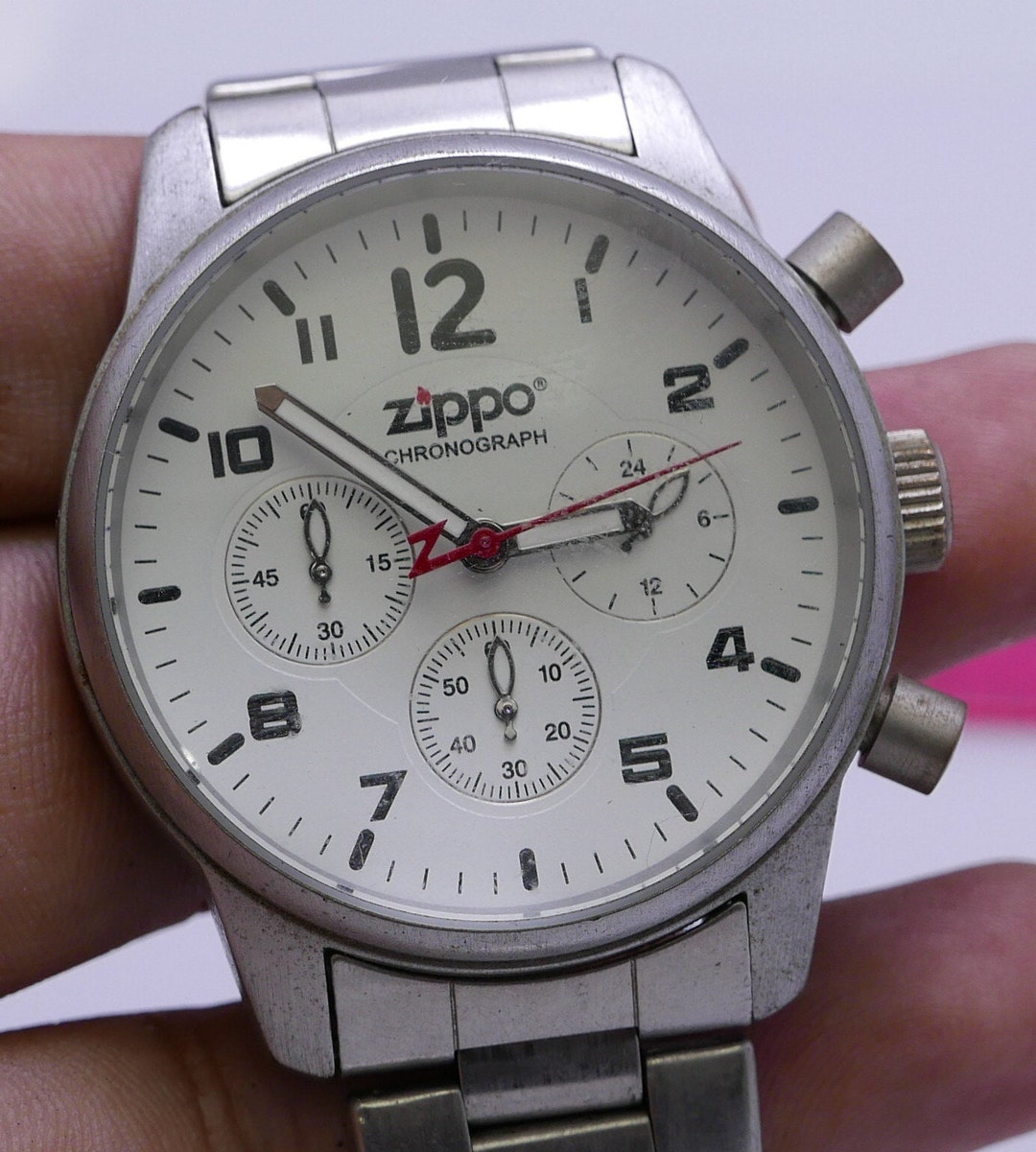 Vintage Zippo Chronograph White Dial Men Quartz Watch Japan Round Shape ...