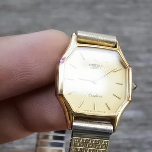 Vintage Seiko Exceline Gold Plated 8420 5430 Golden Dial Lady Quartz Watch Japan Octagonal Shape ...